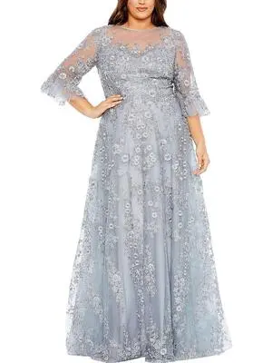 Mac Duggal High Neck Flutter Sleeve Embroidered A-Line Gown Platinum