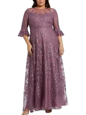 Mac Duggal High Neck Flutter Sleeve Embroidered A-Line Gown Vintage Lilac