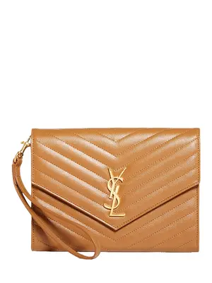 Saint Laurent Cassandre Matelasse Flap Pouch Dark Natural Grain Leather/gold