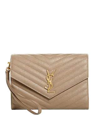 Saint Laurent Cassandre Matelasse Flap Pouch Taupe Grain Leather/gold