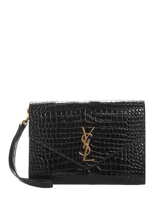 Saint Laurent Monogram Croc Embossed Leather Clutch - Black Croc Embossed Leather/gold