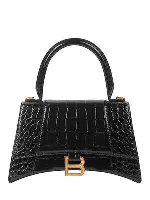 Balenciaga Hourglass Crocodile Embossed Handbag - Black Croc/gold