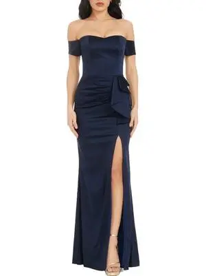 Dress The Population Dress The Population Gabrielle Off-The-Shoulder Gown Navy
