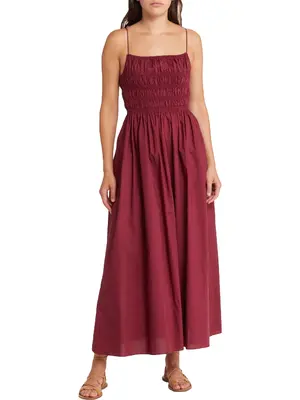 Moon River Smocked Tie Back Midi Dress - Burgundy