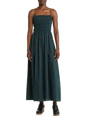 Moon River Smocked Tie Back Midi Dress Dark Green