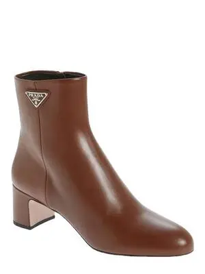 Prada Logo Block Heel Bootie - Cognac