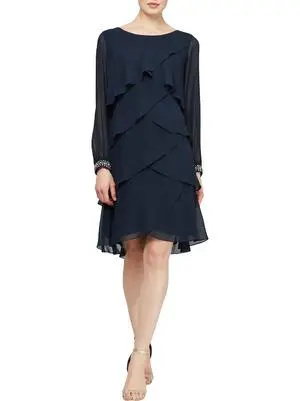 SL FASHIONS Long Sleeve Tiered Dress - Deep Navy