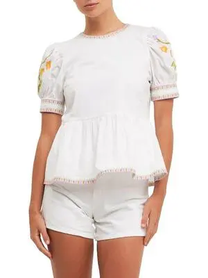 English Factory Embroidered Peplum Cotton Top - Ivory/ Multi