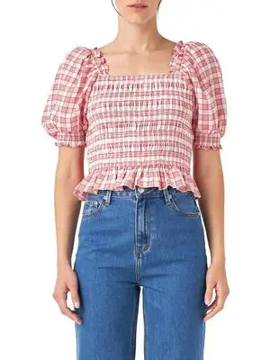 English Factory Check Smocked Top With Bow Detail - Red
