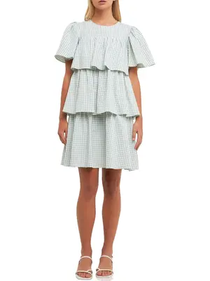 English Factory Gingham Print Tiered Dress - Green/white
