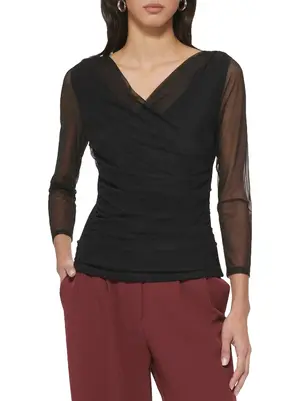 Dkny Surplice Mesh Top - Black
