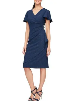 SL FASHIONS Surplice Neck Sheath Dress - Navy