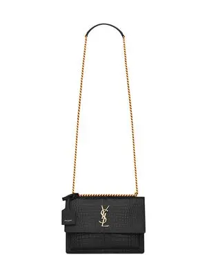 Saint Laurent Medium Sunset Croc-embossed Shoulder Bag - Black