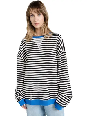 Free People Striped Crewneck Pullover - Black Combo