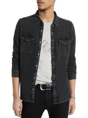 John Varvatos Arvon Cotton Textured Knit Button Down Western Shirt - Mineral Black