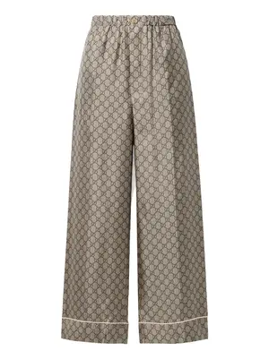 Gucci Cropped Silk-satin Jacquard Wide-leg Pants - Brown