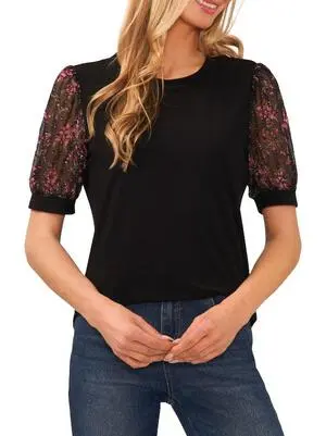 CECE DUPRAZ Mixed Media Puff Sleeve Top - Rich Black