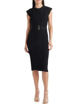 Vince Camuto Belted Geometric Knit Sheath Dress - Black