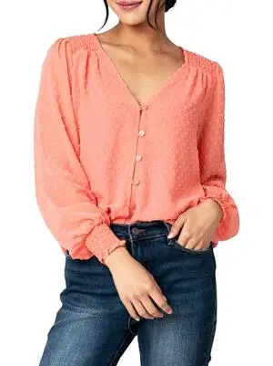 GIBSONLOOK Pin Dot Smocked Blouse - Coral