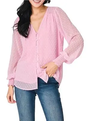 GIBSONLOOK Pin Dot Smocked Blouse - Pink Powder