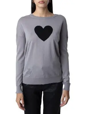 Zadig&Voltaire Gaby Intarsia Heart Wool Crewneck Sweater - Gris Chine