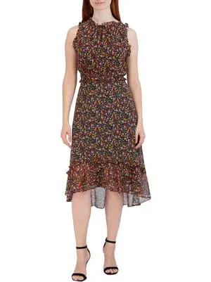Julia Jordan Floral Ruffle Trim Midi Dress - Navy Multi