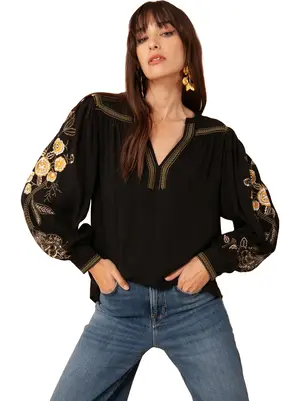 Hale Bob Dixon Embroidered Crepe Top - Black