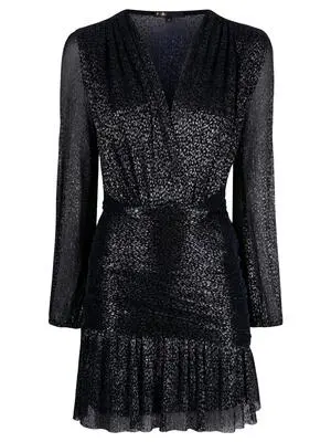 Maje V-neck Long Sleeve Draped Metallic Mini Dress - Blue