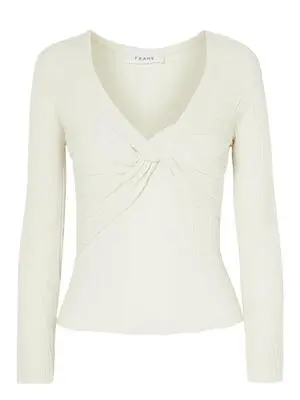 FRAME Twist-front Ribbed Jersey Top - Ecru