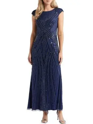 Pisarro Nights Embellished Cap Sleeve Gown - Bright Navy
