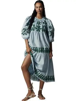 ANTHROPOLOGIE Embroidered Puff-Sleeve Midi Dress