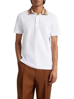Burberry Cody Check Collar Cotton Piqué Polo - White