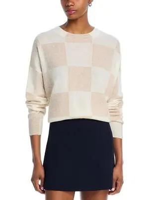 Aqua 100% Cashmere Brushed Check Cropped Sweater - Oatmeal Ivory