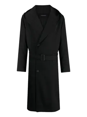 Yohji Yamamoto Belted Hooded Wool Trench Coat - Black