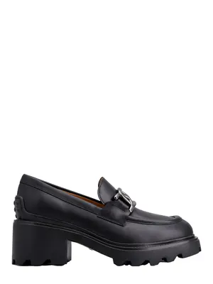 TOD'S Logo Buckle Leather Loafers - Black