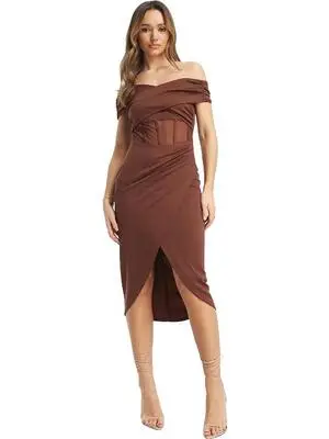 Asos Off-the-shoulder Corset Tulip Dress - Brown
