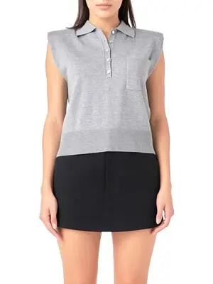GREY LAB Grey Lab Crop Cap-Sleeve Knit Polo Heather Grey