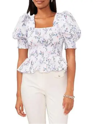 Chaus Puff Sleeve Smocked Peplum Top - White/pink/blue