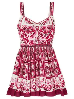 Dolce & Gabbana Maiolica Pleated Printed Stretch Silk-blend Mini Dress - Pink