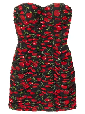 Dolce & Gabbana Strapless Ruched Printed Stretch-tulle Mini Dress - Red