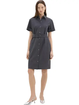 Theory Belted Good Wool Shirt Dress - Charcoal Melange