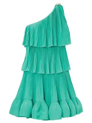 LANVIN One-shoulder Tiered Ruffled Charmeuse Mini Dress - Blue
