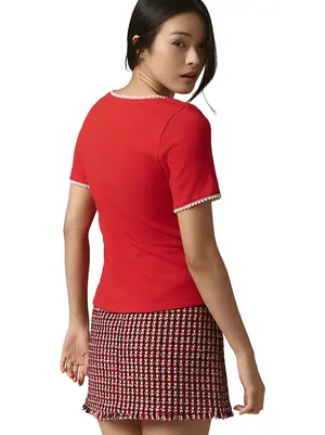 CANAPÉ Canapé Pearl-Trim Scoop-Neck T-Shirt Red
