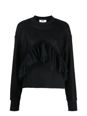 MSGM Cotton Sweatshirt With Tulle Overlay And Ruffled Detail
