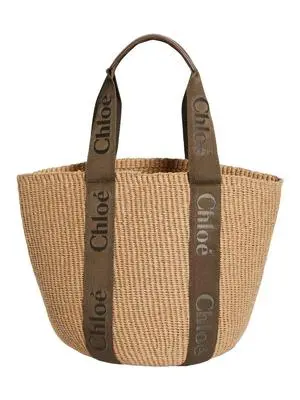 Chloé Chloé Large Woody Straw Basket Tote Dark Nut/beige