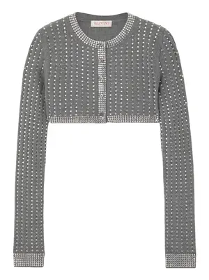 Valentino Garavani Cropped Crystal-embellished Wool Cardigan - Gray