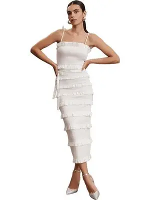 V. CHAPMAN Lily Ruched & Ruffled Stretch Midi Dress - White