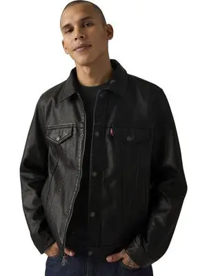 LEVI'S Faux Leather Trucker Jacket - Black W Chambray Lining