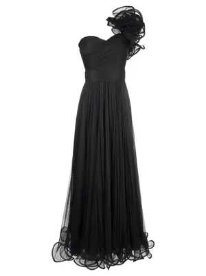 ANA RADU Floral-appliqué Pleated Gown - Black