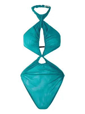 SUPRIYA LELE Cutout Ruched Mesh Halterneck Bodysuit - Teal